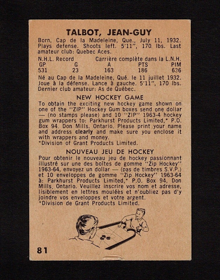1963-64 JEAN-GUY TALBOT #81 VG Parkhurst Montreal Canadiens Star NHL ...