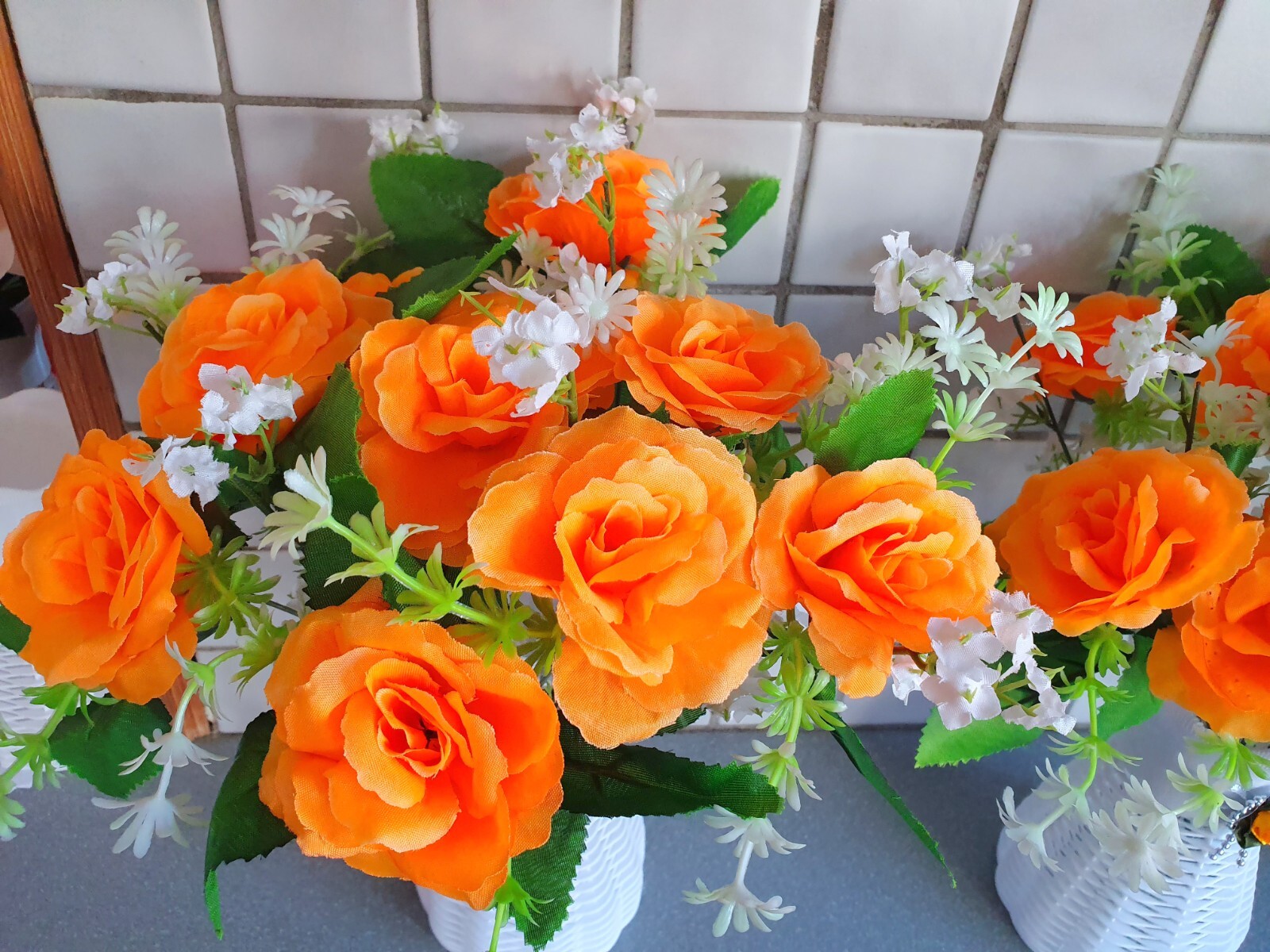 Pair of artificial orange roses & gypsophila flower & vases Decorations ...