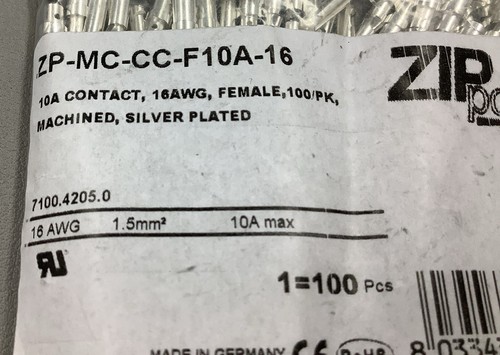 100 Pack of Zip Port ZP-MC-CC-F10A-16 10A 16AWG Female Crimp Contacts ...