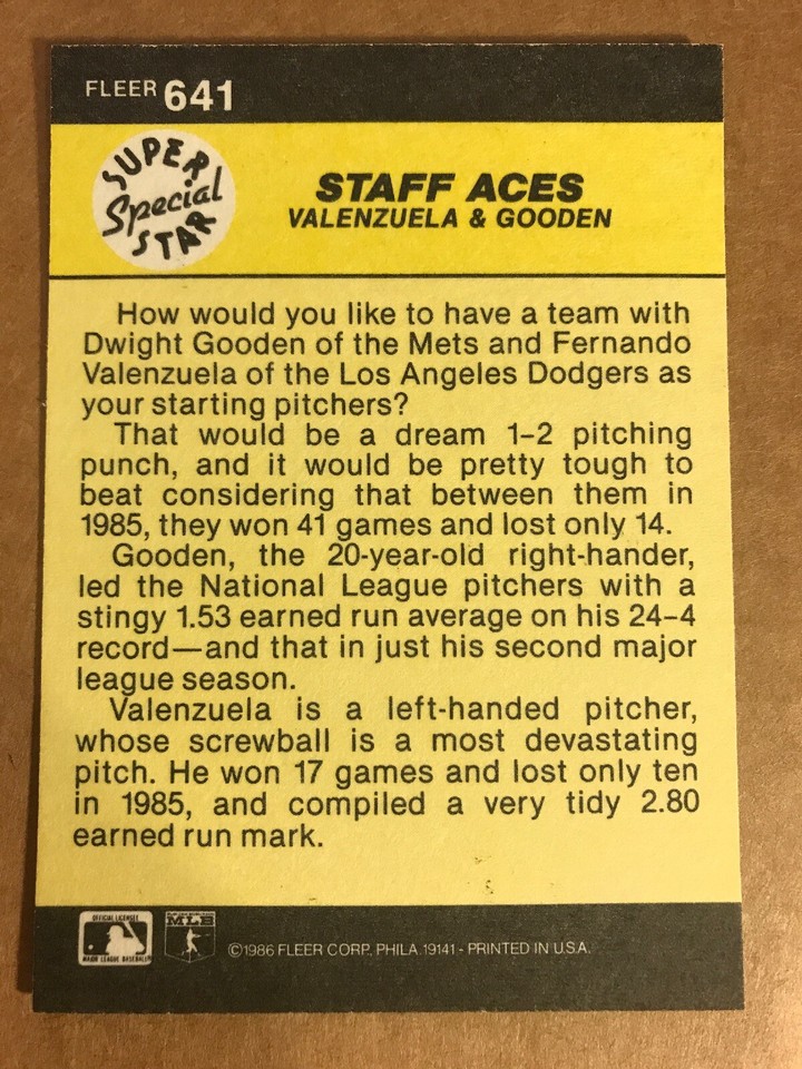 Dwight Gooden, Fernando Valenzuela, ‘Staff Aces’ 1986 Fleer Card #641, NearMint | eBay