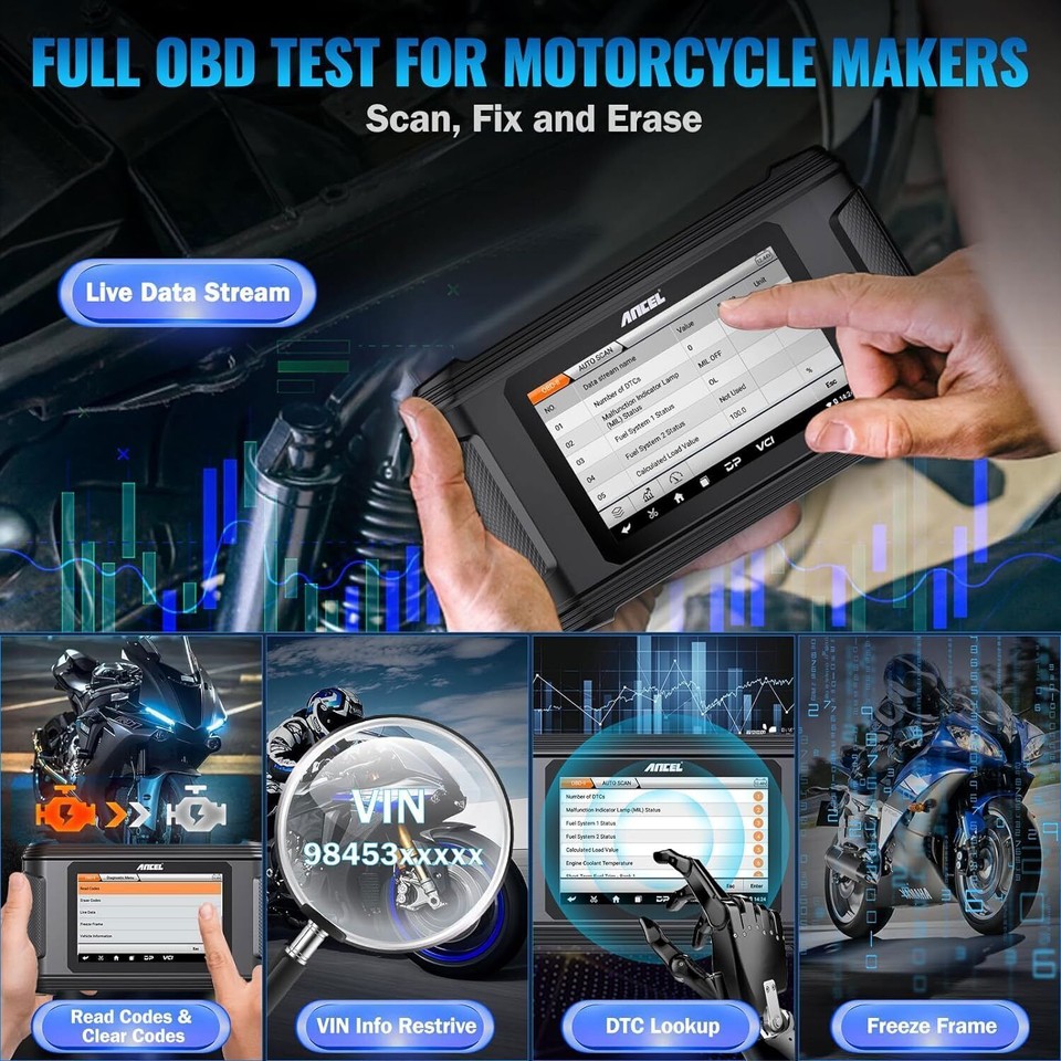 ANCEL MT510 Motorcycle OBD2 Scanner Diagnostic Tool Full System Fit for ...