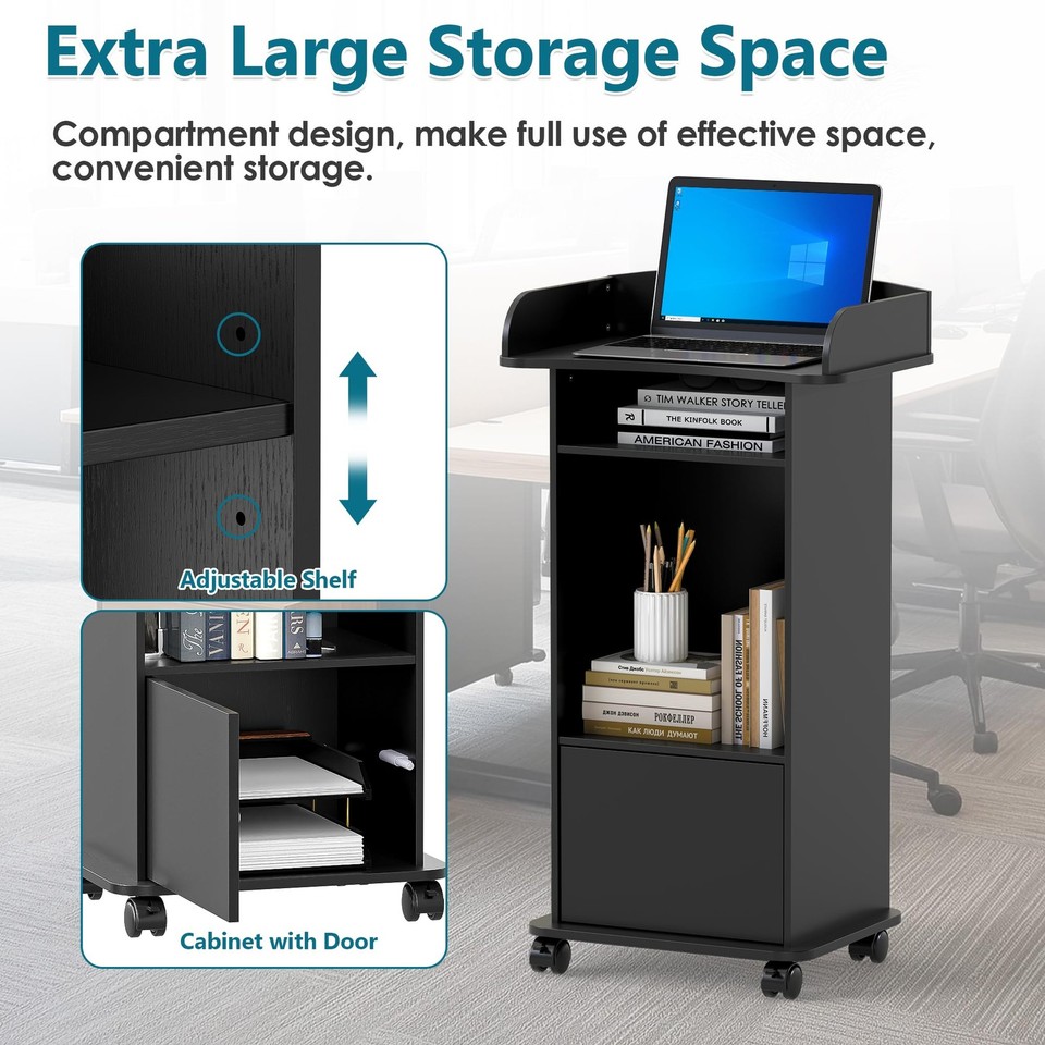 Podium Stand with Wheels Wooden Lectern Podium Stand Portable Pulpit ...