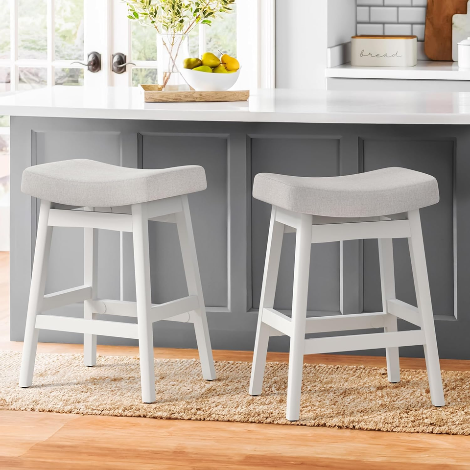 Bar Stools Set of 3, Barstools with Sturdy Wood Legs, Saddle Seat ...