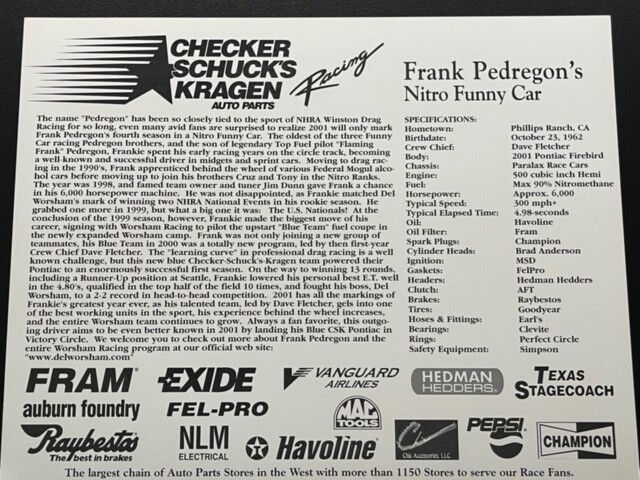 VRHTF NHRA "VTG FRANK PEDREGON HAVOLINE FUNNY CAR" HAND OUT EXCELLENT ...