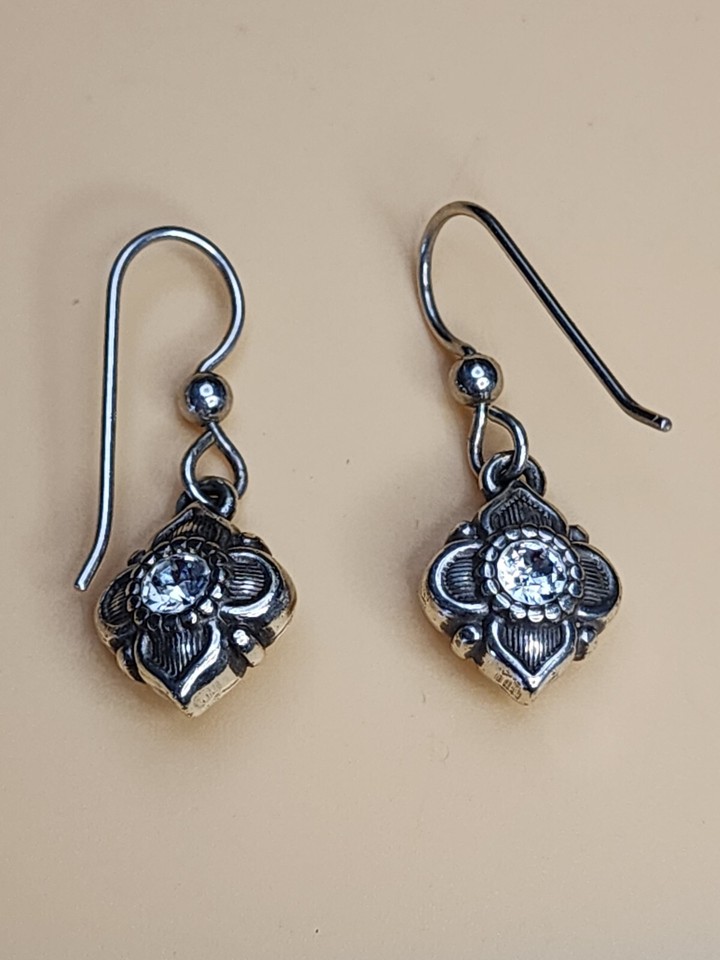 BRIGHTON Signed Fleur de Lis Silver Necklace & Earring Set Swarovski ...