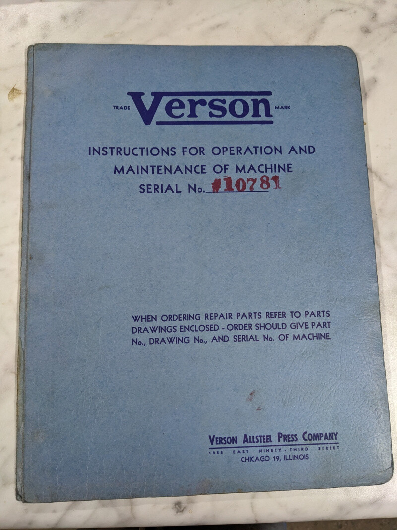 VERSON OPERATOR SERVICE MANUAL PARTS LIST BOOK 20 200 PRESS BRAKE ...
