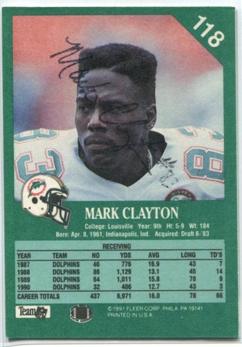 MARK CLAYTON Signed 1991 Fleer Football Authentic AUTOGRAPH #118 | eBay