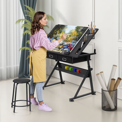 Adjustable Drafting Drawing Table Craft Tiltable Tabletop w/ 2 Drawers ...