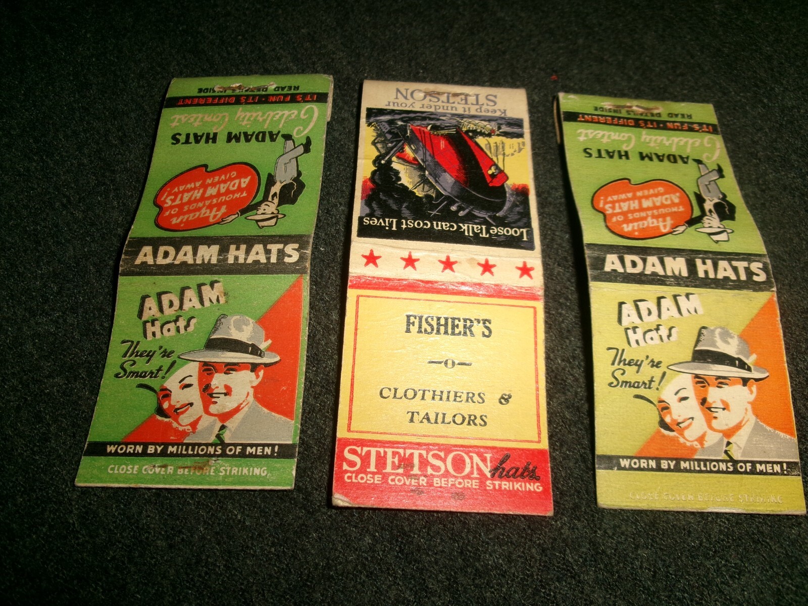 Lot of Vintage Matchbooks, Adam Hats, Stetson Hats, WW2 Loose Talk ...