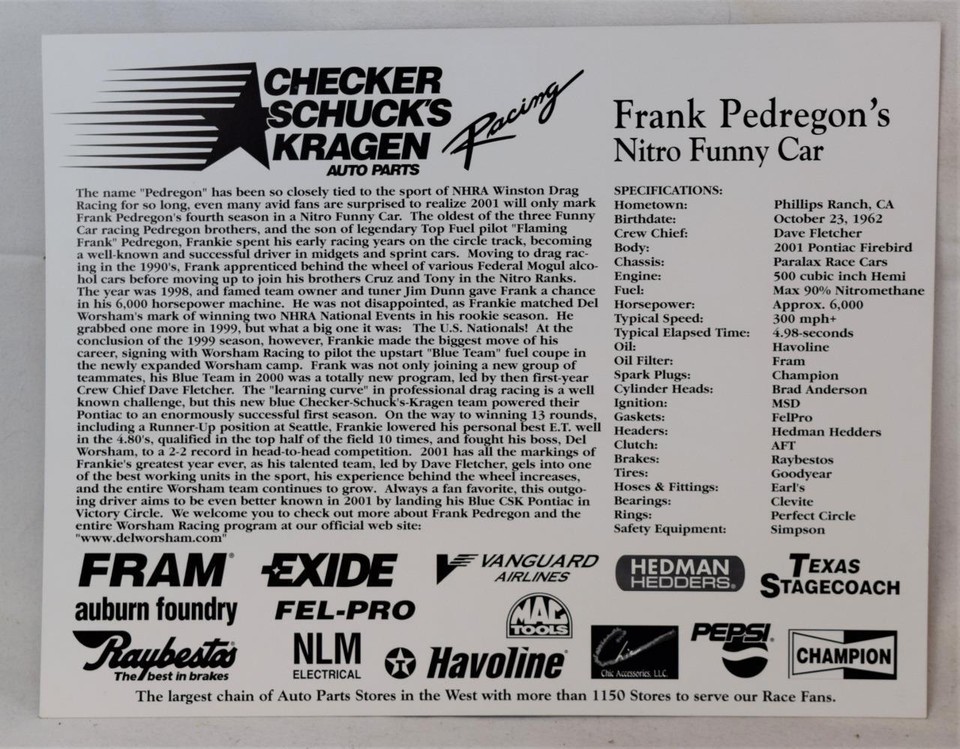 Frank Pedregon NHRA Checker Schucks Kragen Auto Parts Promo Press Card ...