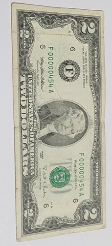 Rare Fancy 1995 $2 Dollar Bill with Serial Number 00000454 Collectible ...