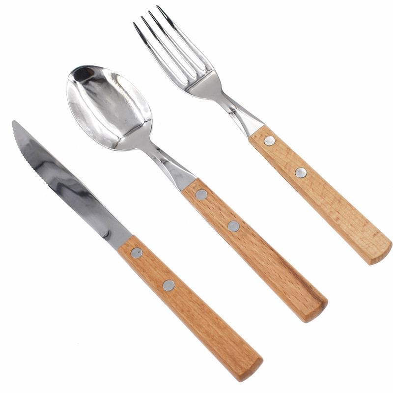 18Pcs Wooden Handle Kitchen Cutlery Flatware Tableware Western-style ...