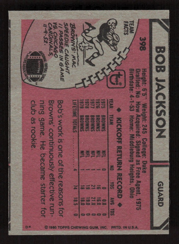 1980 Topps #398 Bob Jackson Cleveland Browns | eBay