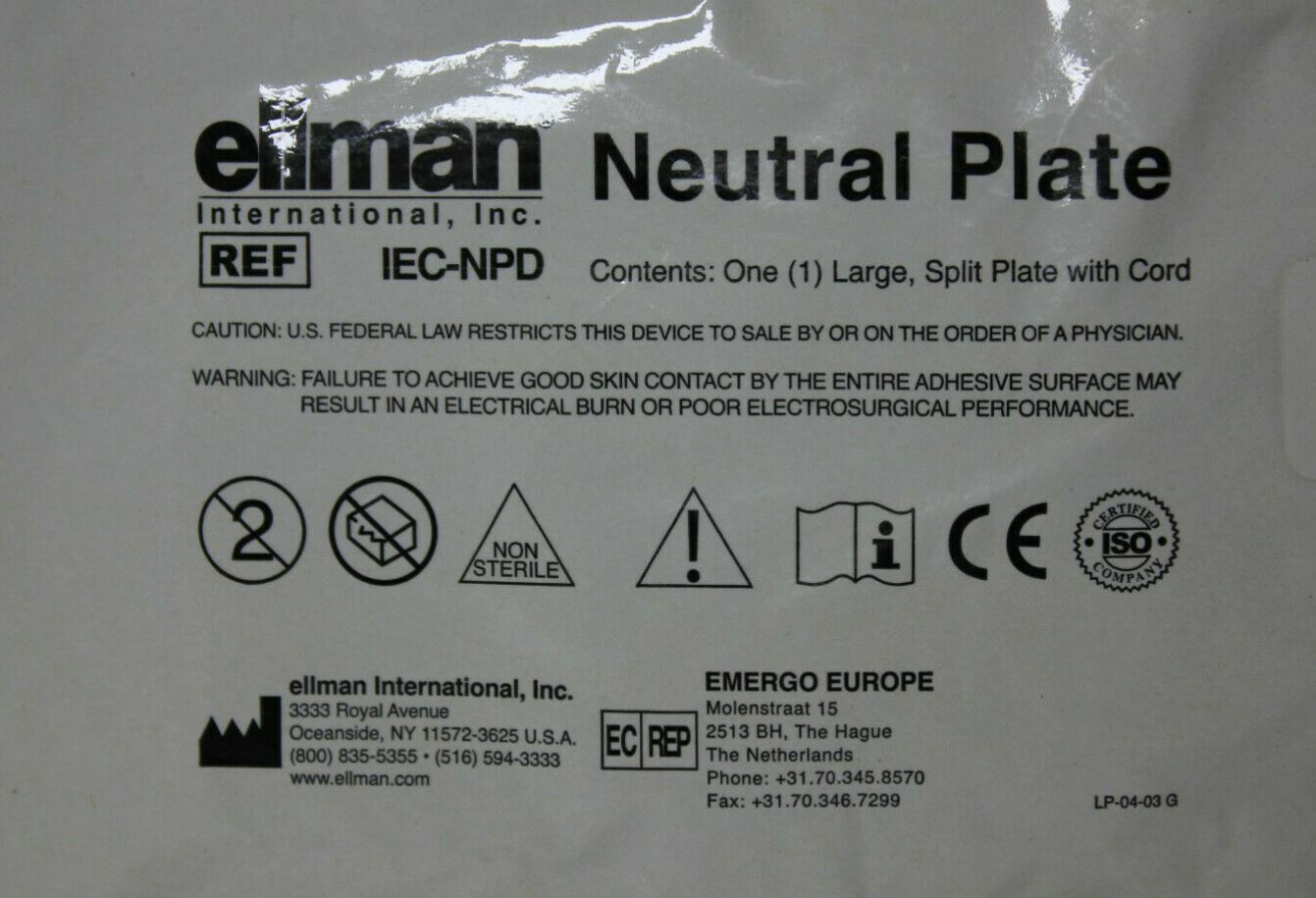 Case of Single Use Split Neutral Pad w/Cord for Specific Ellman RF ...