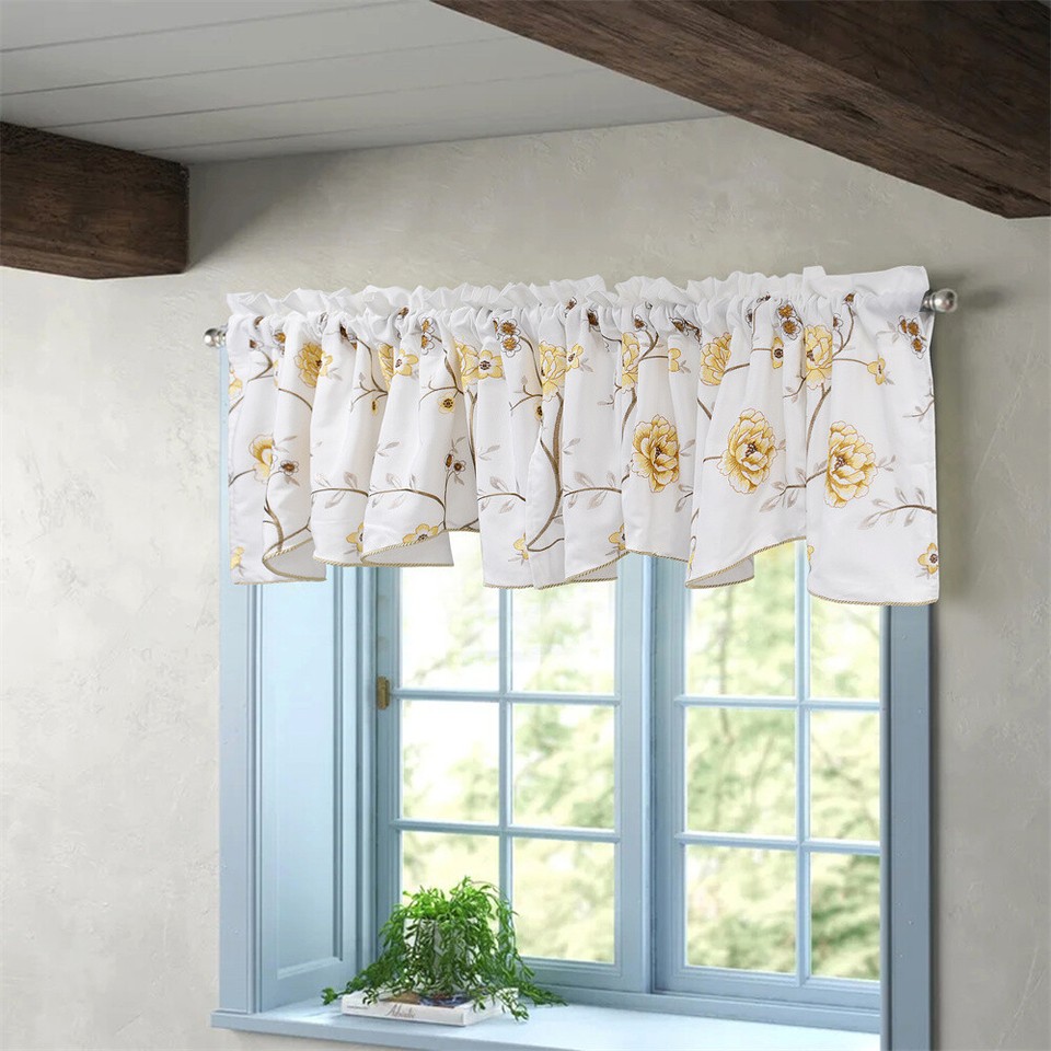 Pastoral Floral Embroidered Cafe Kitchen Window Curtain Valance 60"Wx19 ...
