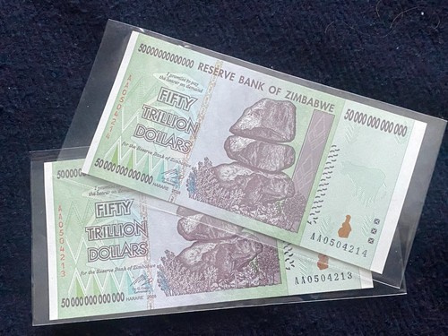 2 X 2008 50 TRILLION DOLLARS ZIMBABWE BANKNOTE, AA P-90 GEM UNC 100 ...