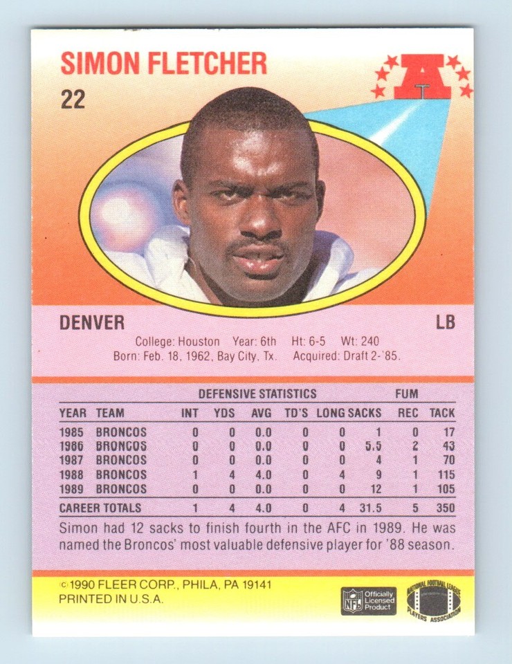1990 Fleer Simon Fletcher Denver Broncos #22 | eBay