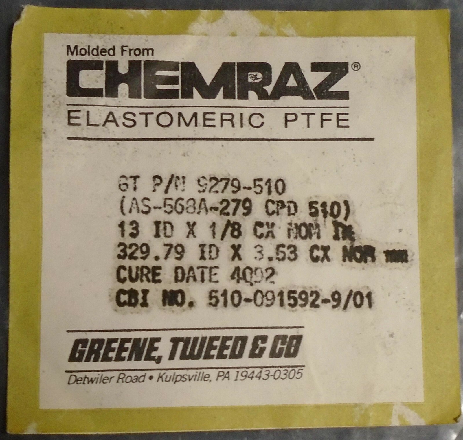 1 Chemraz Greene Tweed Perfluoroelastomer O-Ring AS-568A size 279 Comp ...
