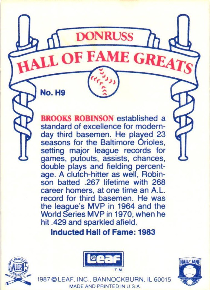1987 Leaf Candy City Team Hall of Fame Greats #H9 Brooks Robinson | eBay