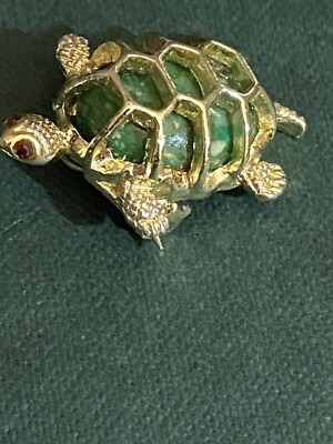 Brooch Green Cabochon Turtle Goldtone Costume Jewelry Red Eyes | eBay