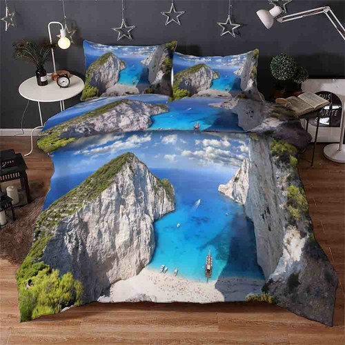 Blue Lake Cliff Beautiful Sky 3D Quilt Duvet Doona Cover Set Pillow ...