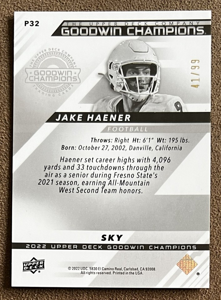 2022 Goodwin Champions Platinum Sky /99 Jake Haener #P32 Upper Deck ...