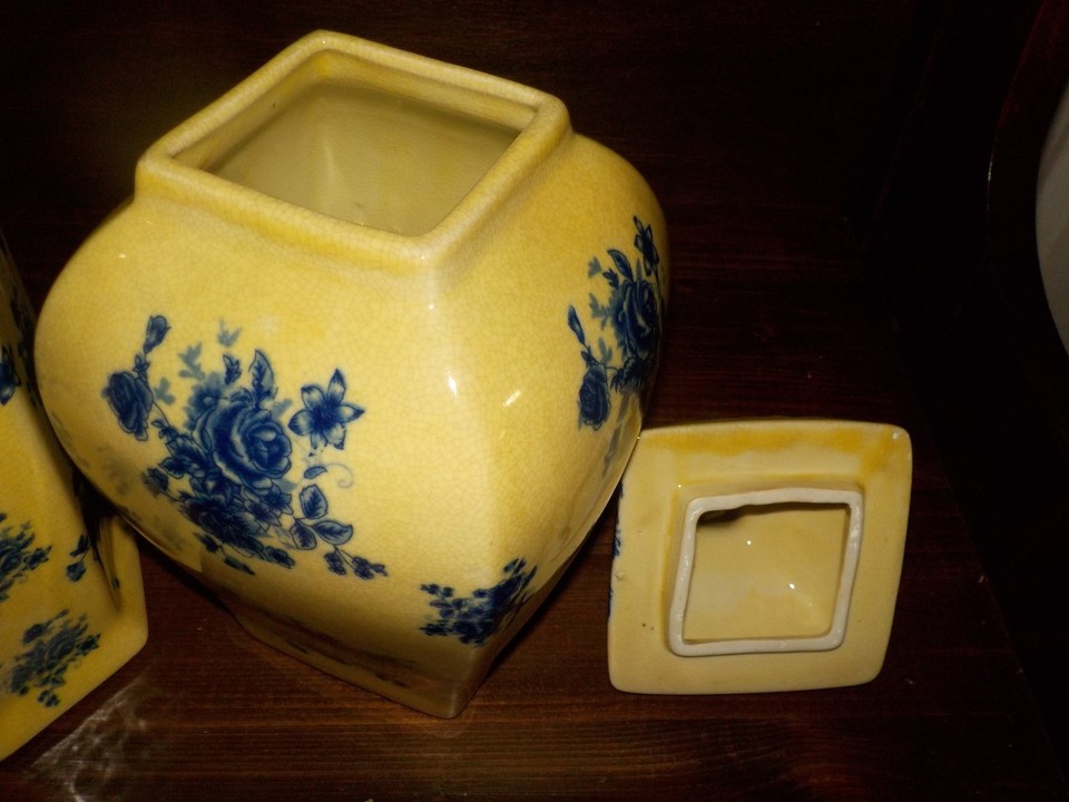 2 vintage formalities baun bros yellow & blue flowered vases crackle ...