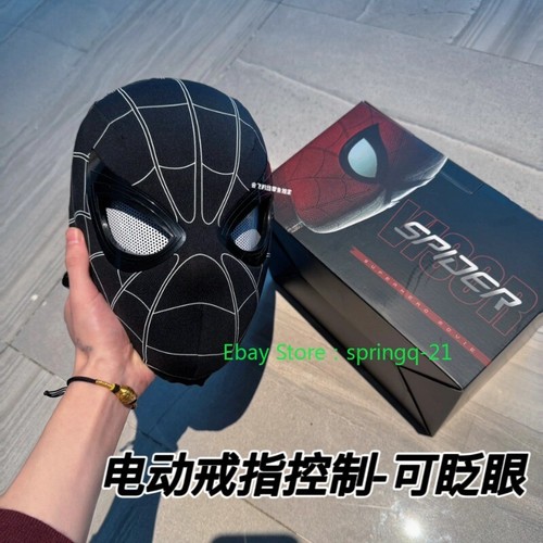 Black NEW Spider-Man Mask Moving Eyes Remote Control Ring Cosplay Prop ...