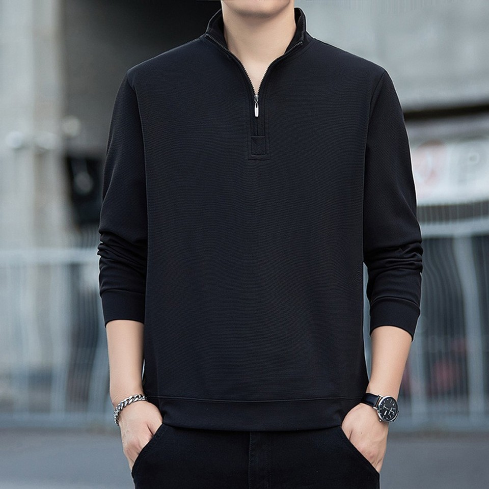 Mens Solid Color Pullover Hoodie Long Sleeve Zip Neck Casual High ...