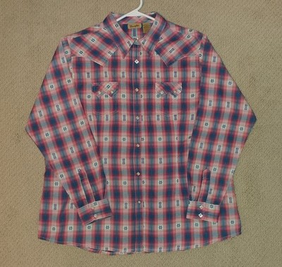 WRANGLER WOMENS 2XL PINK BLUE AZTEC SOUTHWESTERN LONG SLEEVE SNAPS ...