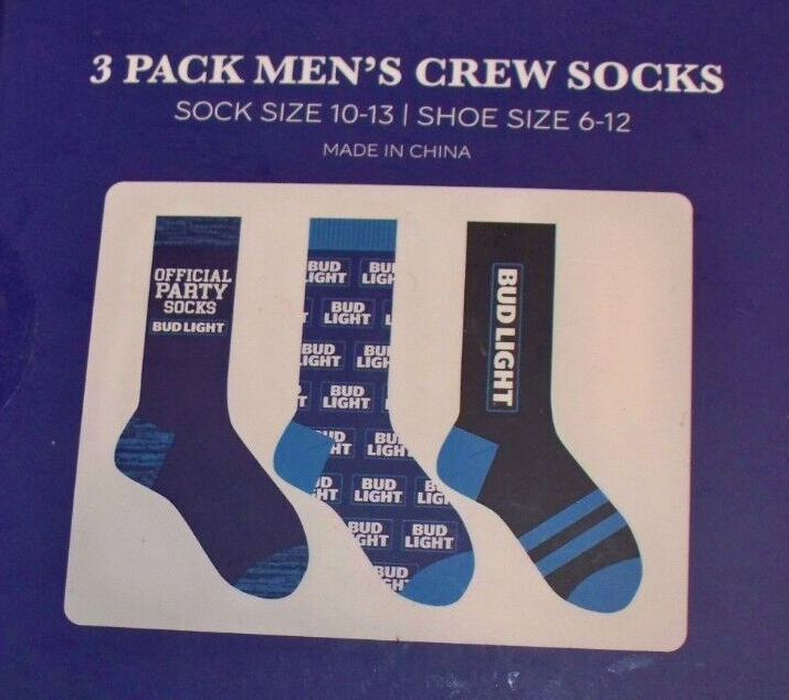 Anheuser-Busch BUD LIGHT Novelty Crew Socks 3 Pack Adult Shoe Size 6-12 ...