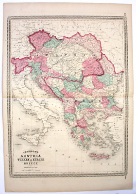 "AUSTRIA, TURKEY IN EUROPE & GREECE" Antique original hand colored map ...