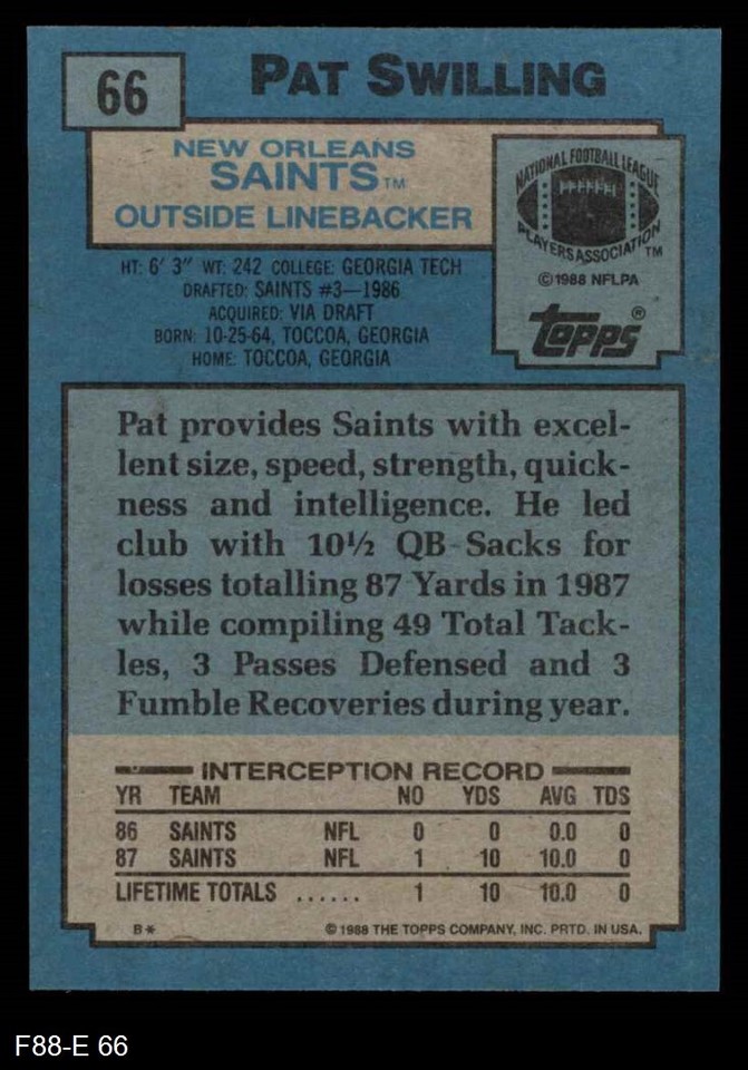 1988 Topps #66 Pat Swilling Saints RC Georgia Tech 8 - NM/MT | eBay