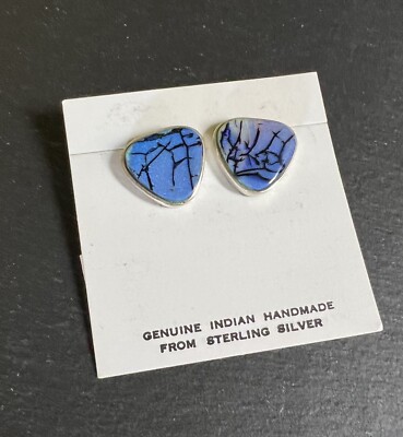Native American Navajo Sterling Silver Spider Web Opal Earrings Blue ...
