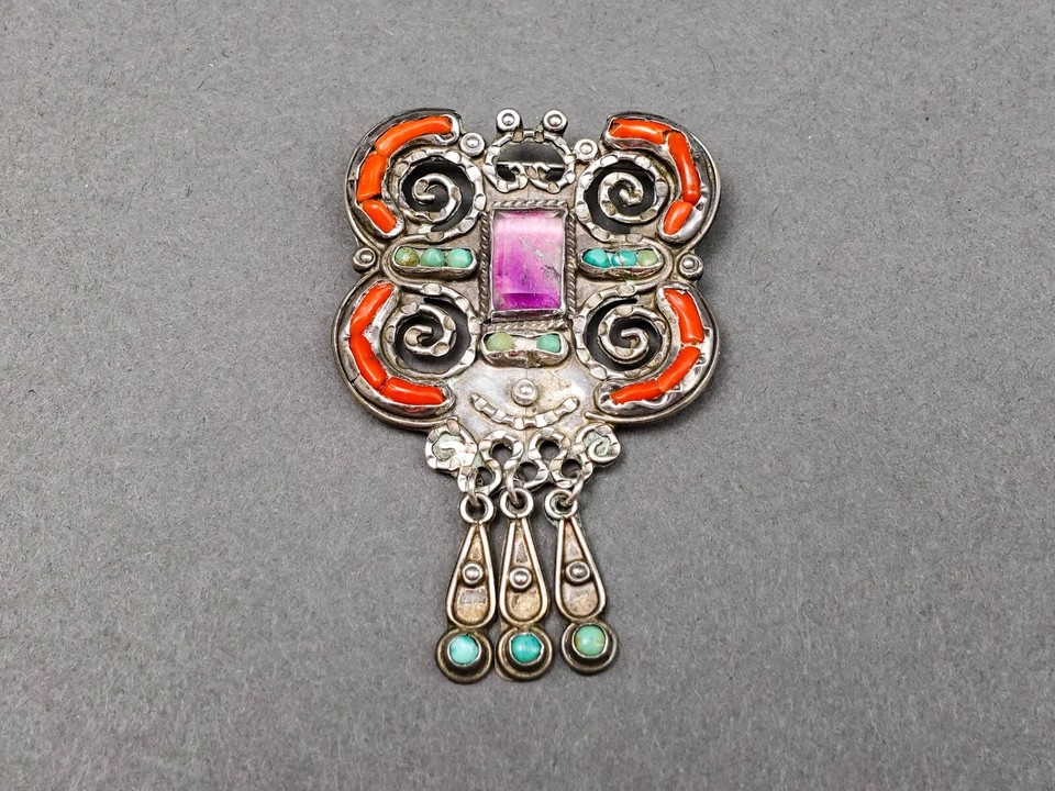 Matl Matilde Poulat Mexico Sterling Amethyst Turquoise Coral Brooch Pin ...