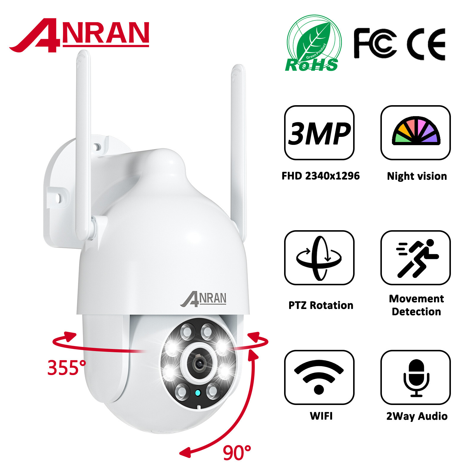 ANRAN 360° PTZ Security Camera System 5MP WiFi Outdoor Wireless Night ...
