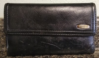 Fossil-Black Leather Trifold Card Cash Coin Check Clutch Wallet ...