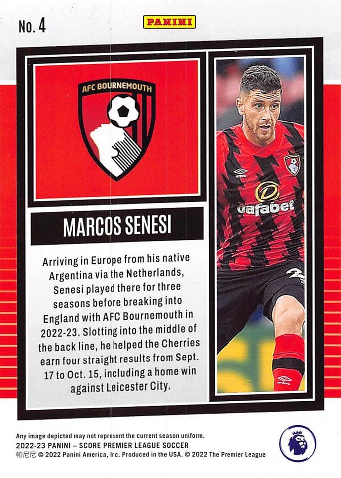 Panini Score Premier League 22/23 Base Bournemouth Marcos Senesi #4 RC ...