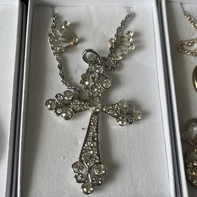 Beautiful Silver Plated Xl Cross On Rope Necklace & Earrings, Gift ...