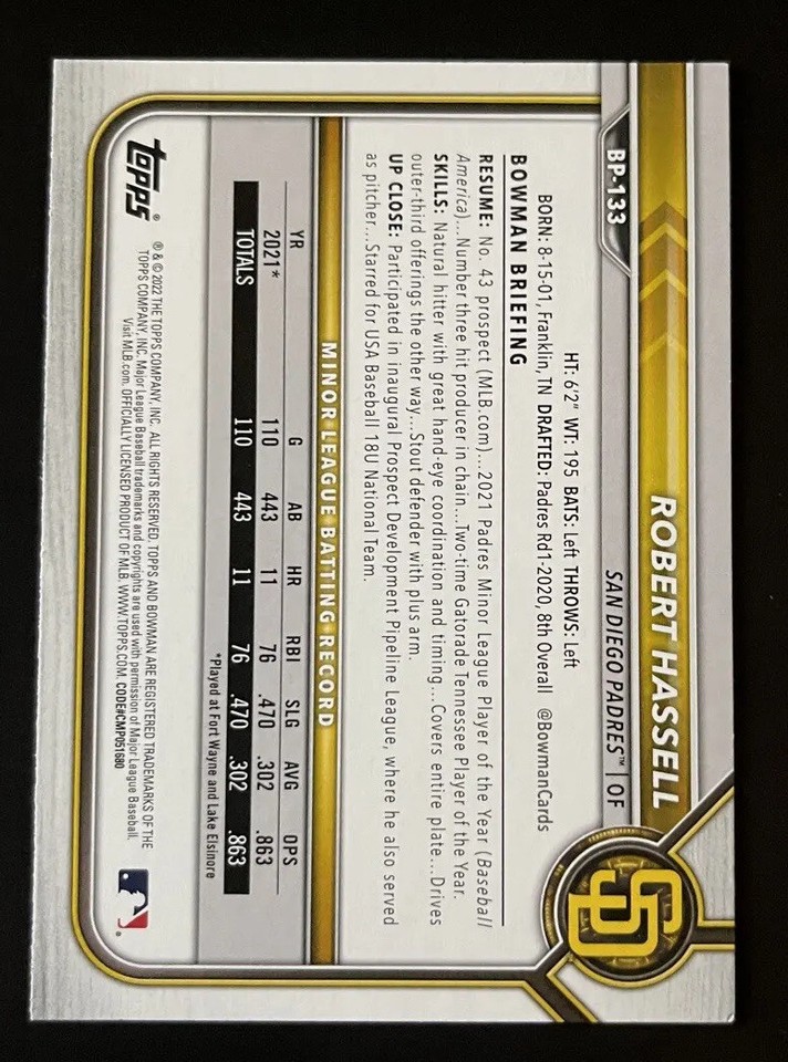 2022 Bowman Paper Prospect #BP-133 Robert Hassell - San Diego Padres | eBay
