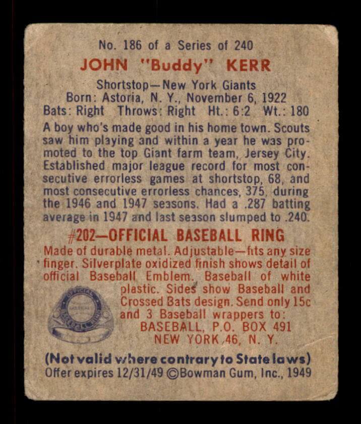1949 Bowman #186 Buddy Kerr - VG | eBay