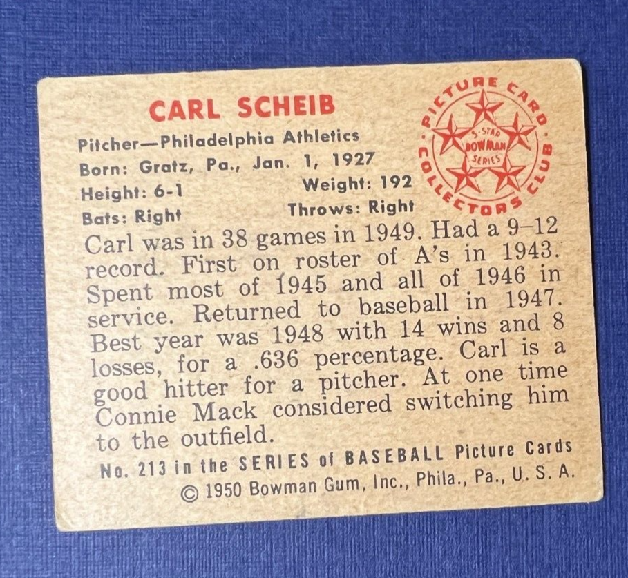 CARL SCHEIB ~ 1950 Bowman #213 ~Philadelphia Athletics | eBay