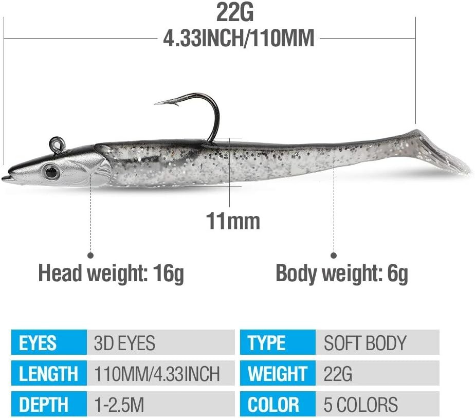 5pcs Saltwater Soft Sandeel Lures Bass Cod Pollock Sea Fishing Jig ...