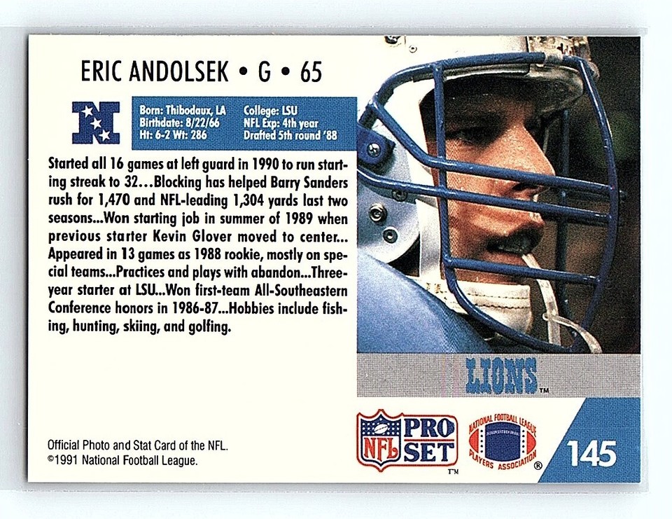 1991 Pro Set Eric Andolsek Detroit Lions #145 | eBay