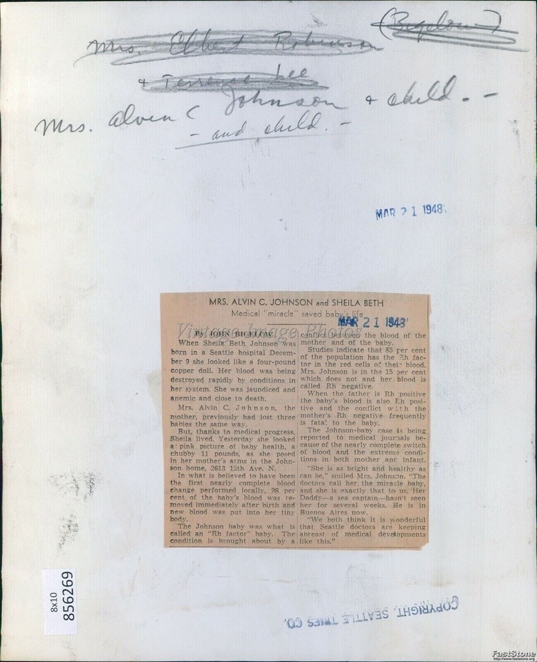 1948 Mrs Alvin C Johnson & Miracle Rh Factor Baby Sheila B Medicine ...