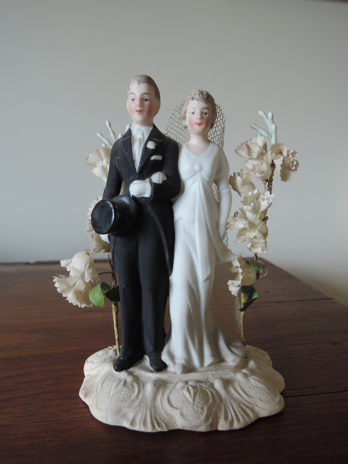 beautiful antique 1920 German bisque wedding cake topper, flowers ...