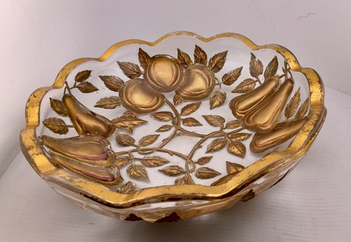 Vintage 10" heavy goofus glass bowl gold fruit, leaves | eBay