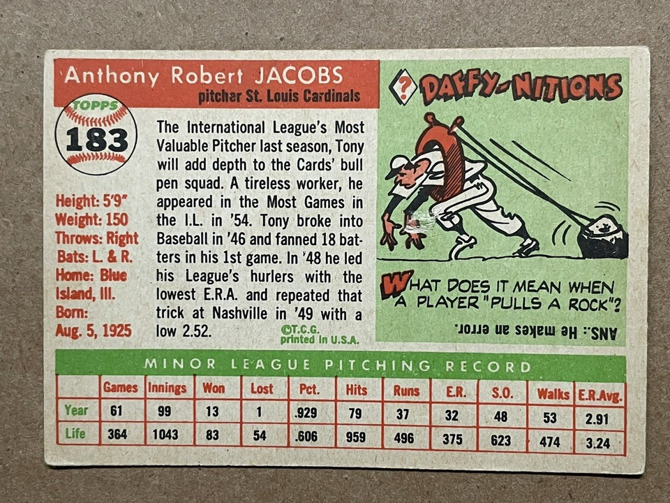 1955 Topps Baseball Card Tony Jacobs #183 St. Louis Cardinals | eBay