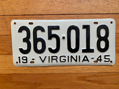 1945 Virginia License Plate 365-018, Single year tag PROFESSIONAL ...