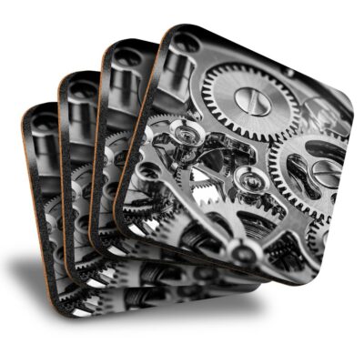 Set of 4 Square Coasters - BW - Clock Mechanism Mechanical Time #37546 ...